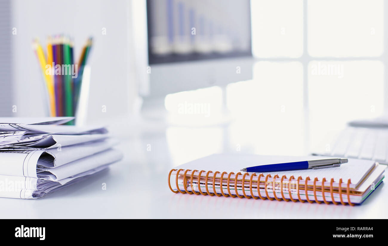 Workspace desktop, documents on the office table Stock Photo - Alamy