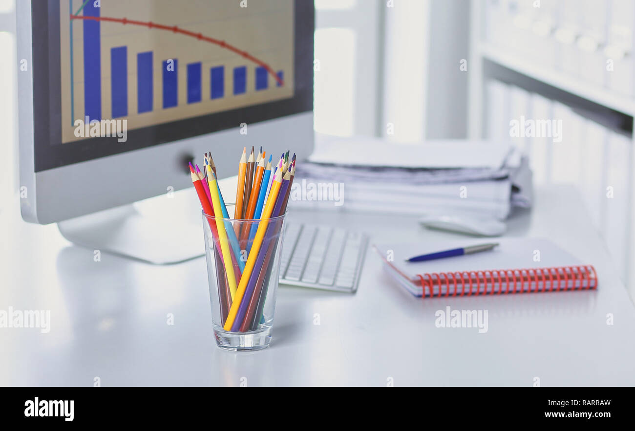 Workspace desktop, documents on the office table Stock Photo - Alamy