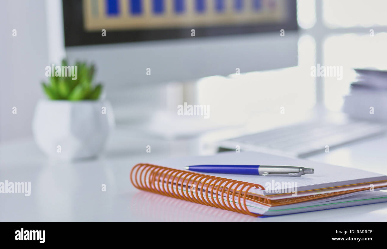 Workspace desktop, documents on the office table Stock Photo - Alamy