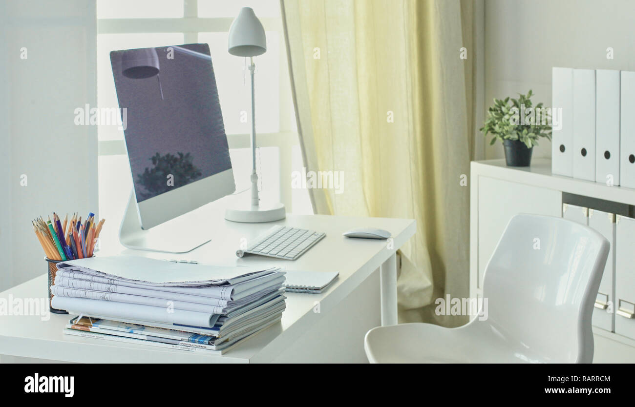 Workspace desktop, documents on the office table Stock Photo - Alamy