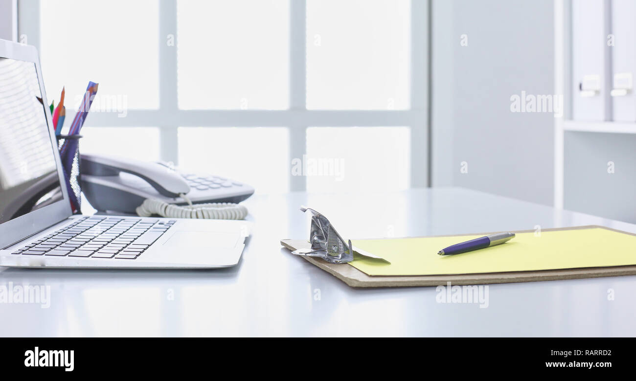 Workspace desktop, documents on the office table Stock Photo - Alamy