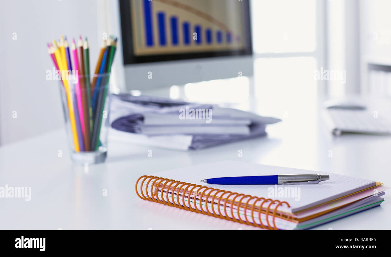 Workspace desktop, documents on the office table Stock Photo - Alamy
