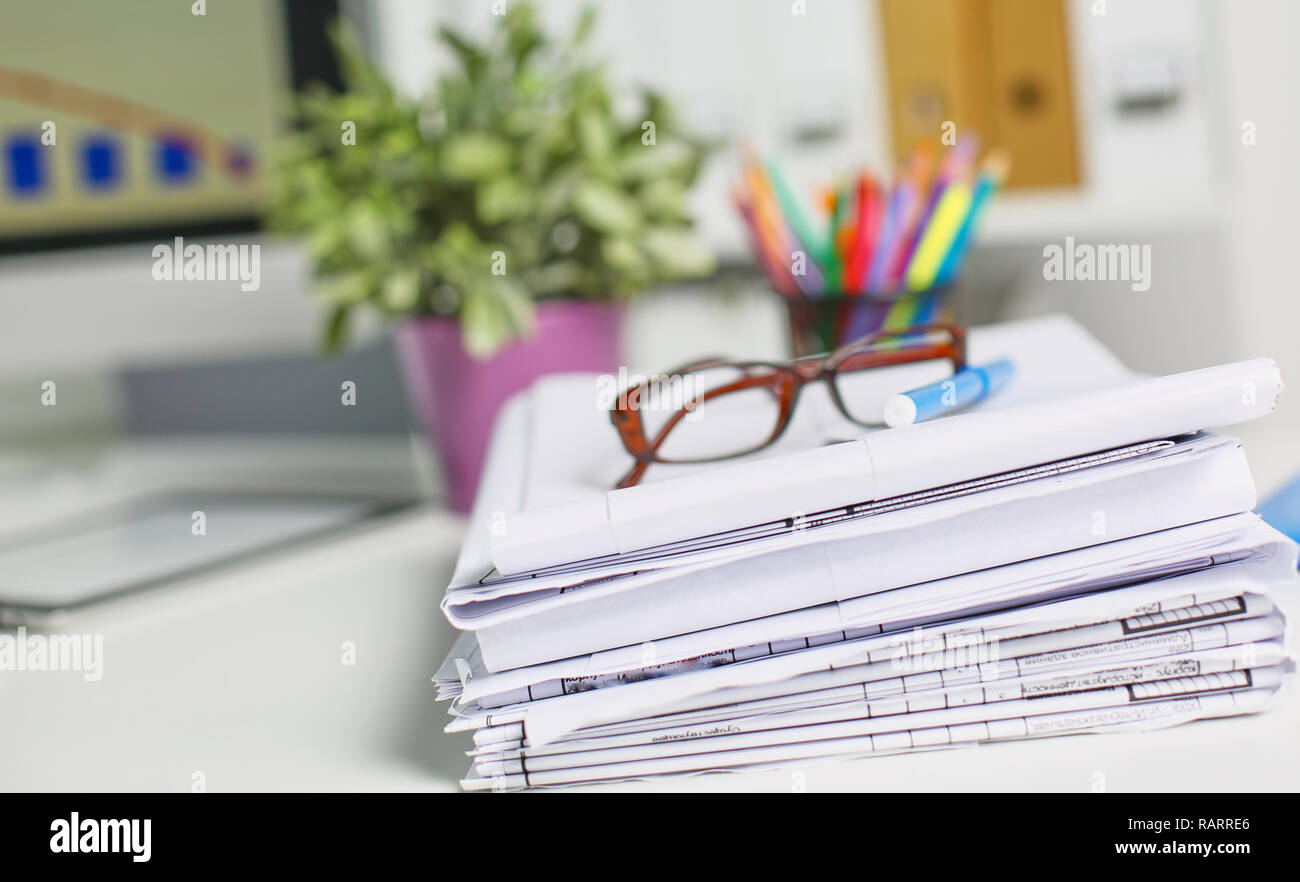 Workspace desktop, documents on the office table Stock Photo - Alamy
