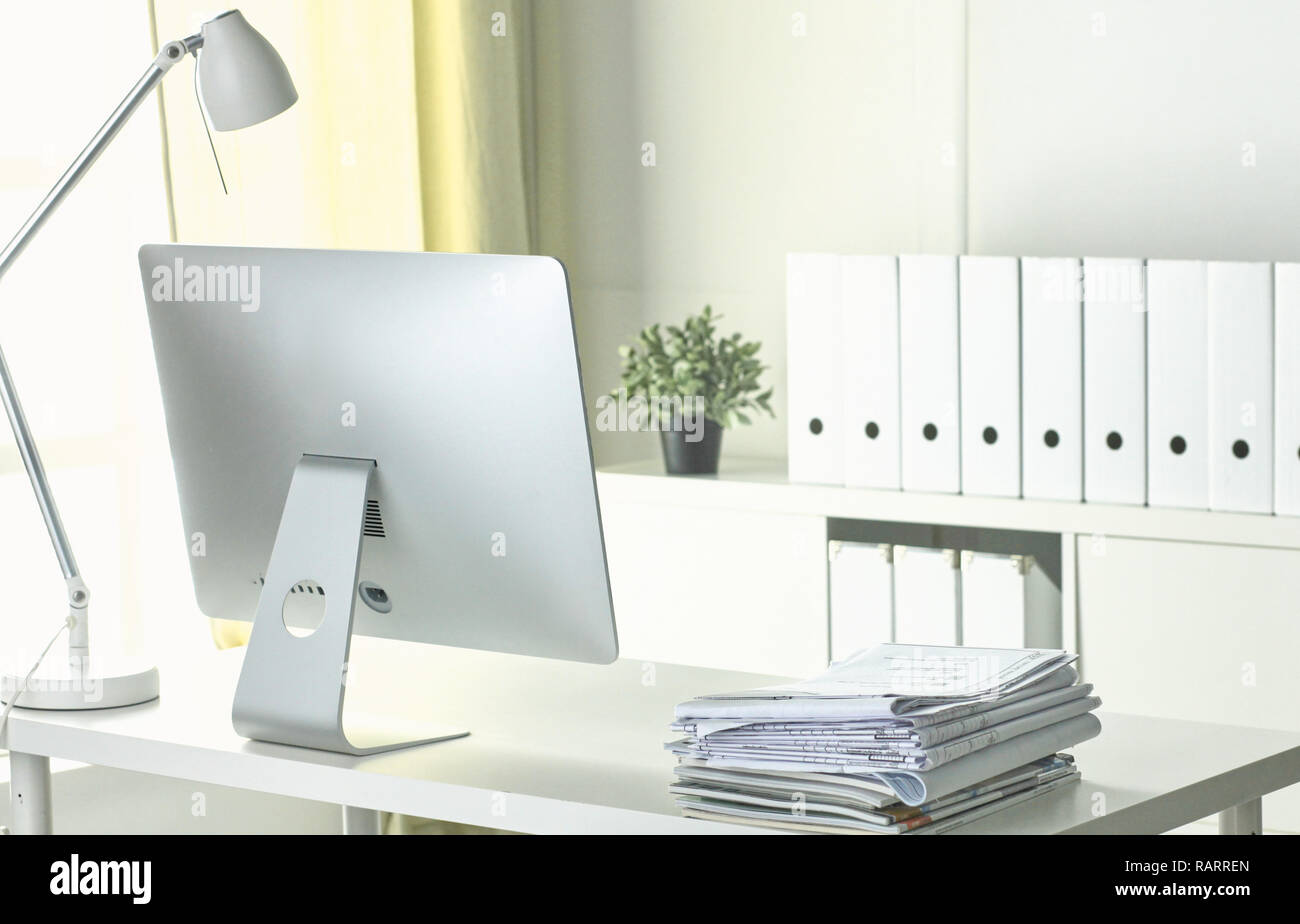 Workspace desktop, documents on the office table Stock Photo - Alamy