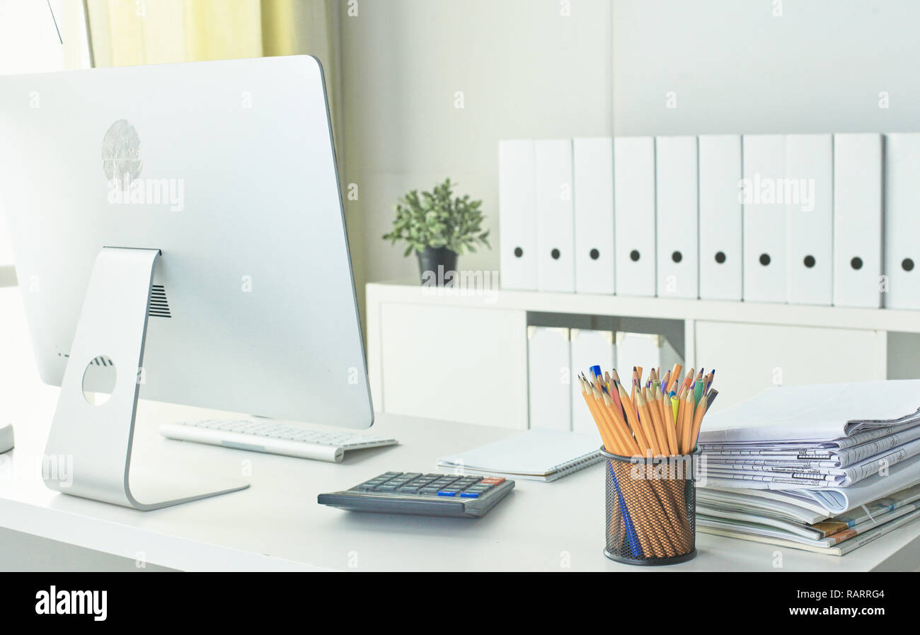 Workspace desktop, documents on the office table Stock Photo - Alamy