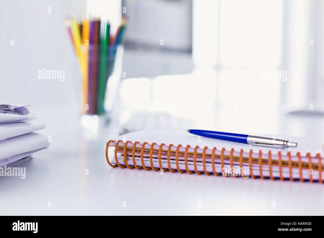 Workspace desktop, documents on the office table Stock Photo - Alamy