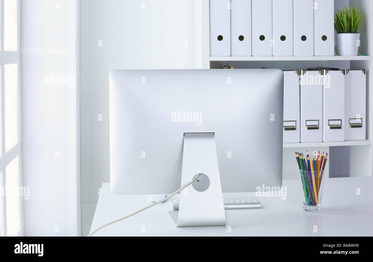 Workspace desktop, documents on the office table Stock Photo - Alamy