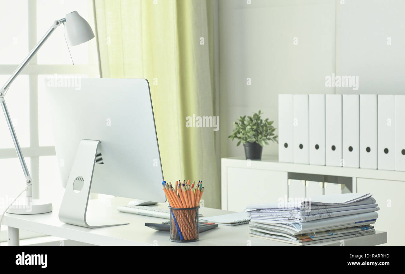 Workspace desktop, documents on the office table Stock Photo - Alamy