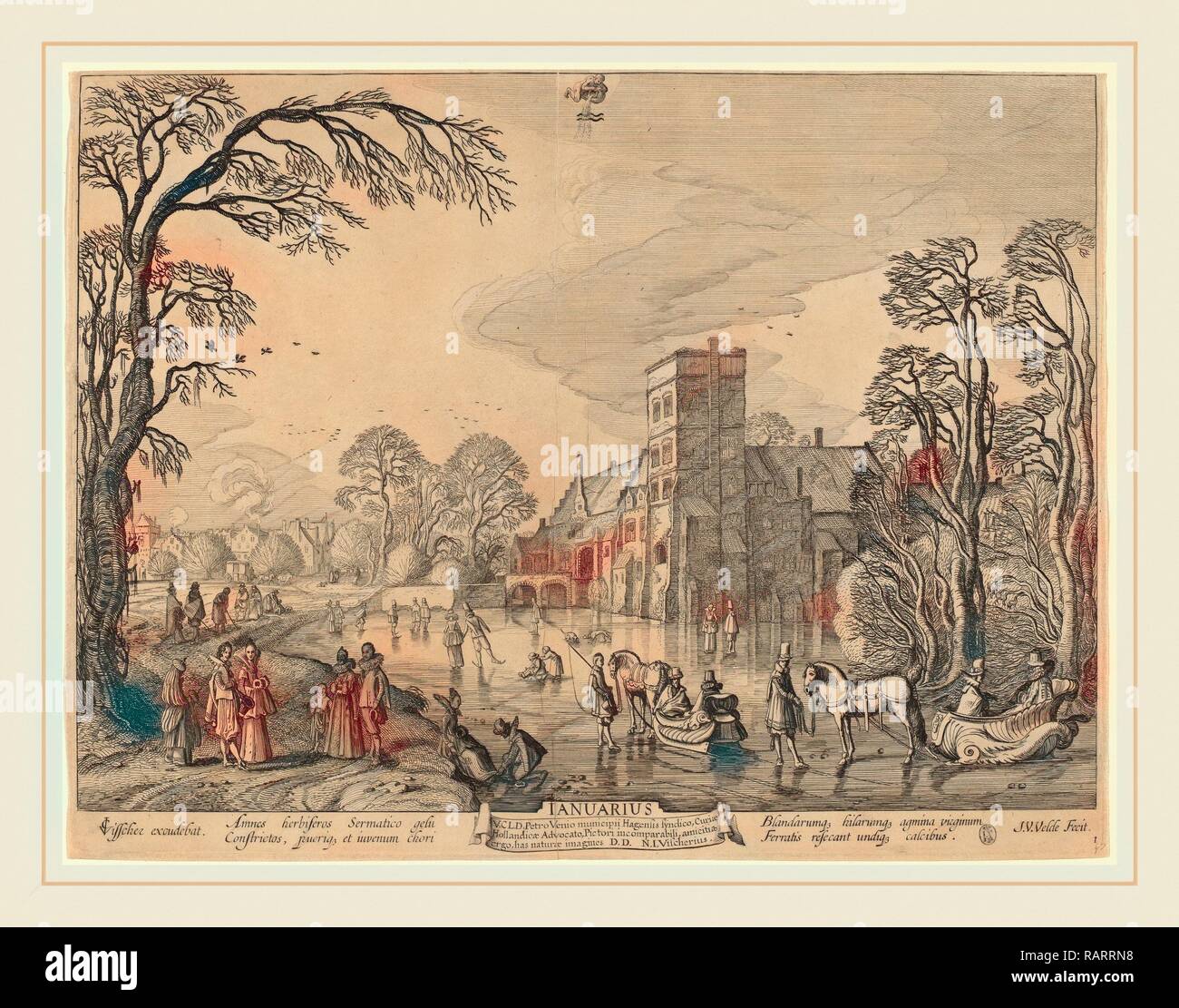 Jan van de Velde II (Dutch, 1593-1641), January, etching. Reimagined by ...