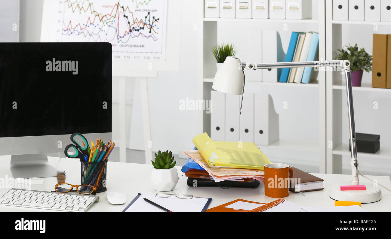 Workspace presentation mockup, Desktop computer and office supplies on ...