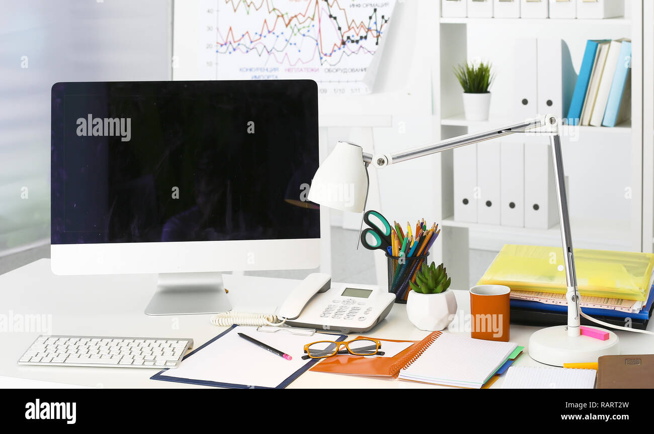 Workspace presentation mockup, Desktop computer and office supplies on ...