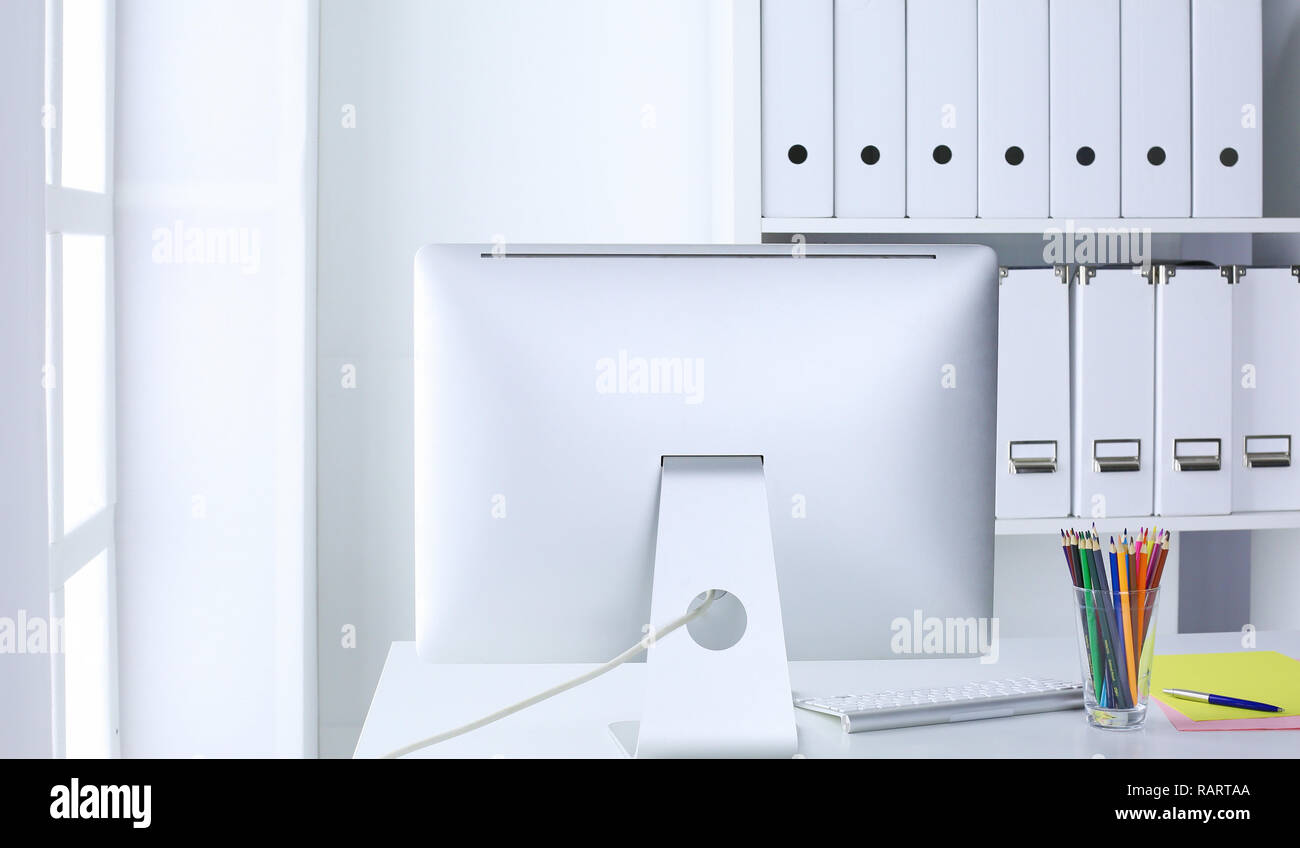 Workspace presentation mockup, Desktop computer and office supplies on ...