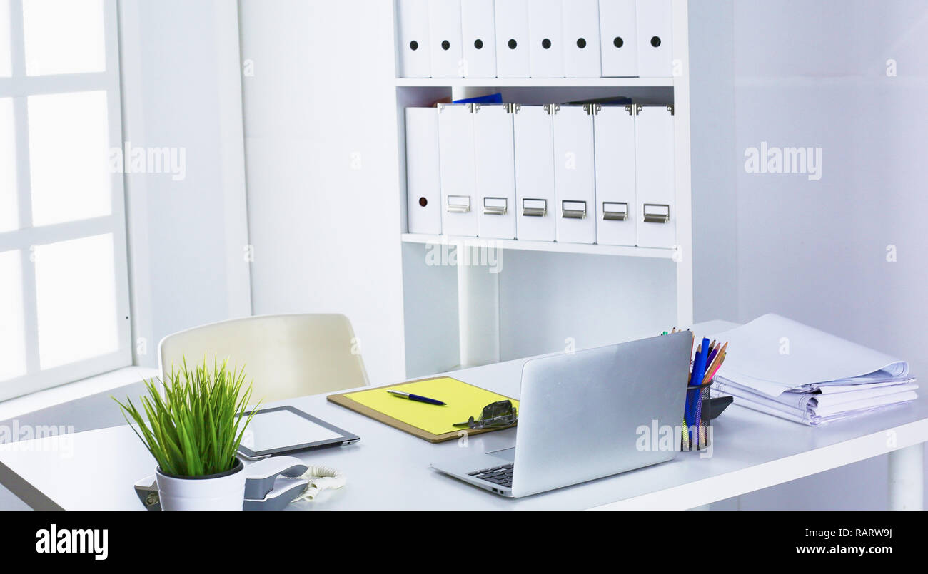 Workspace presentation mockup, Desktop computer and office supplies on ...