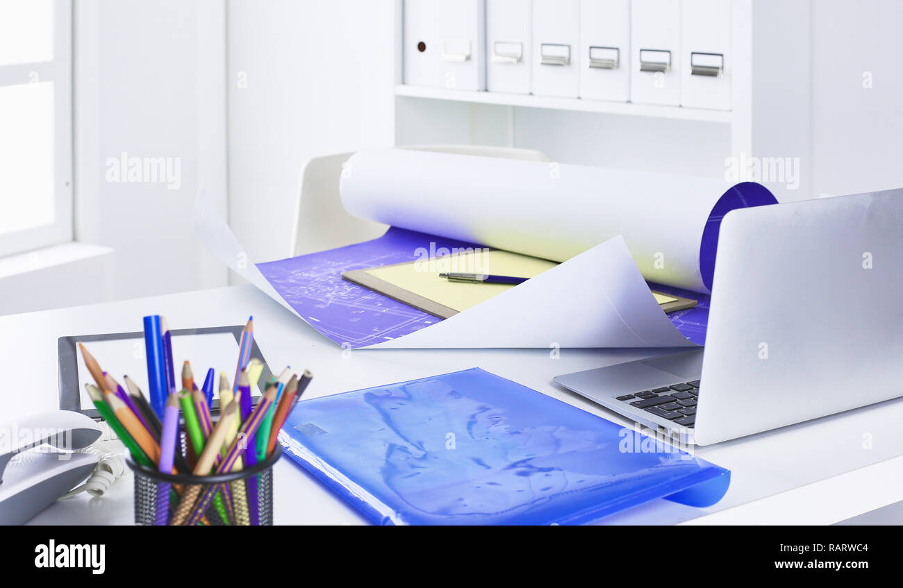 Workspace presentation mockup, Desktop computer and office supplies on ...