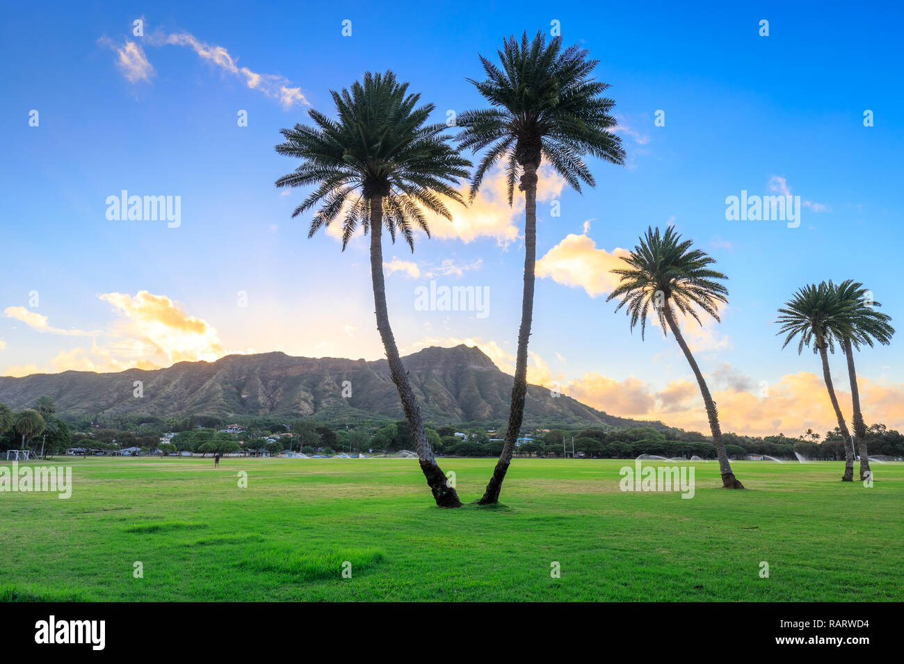 Diamond Head State Monument at sunrise, Oahu, Hawaii - panorama image ...