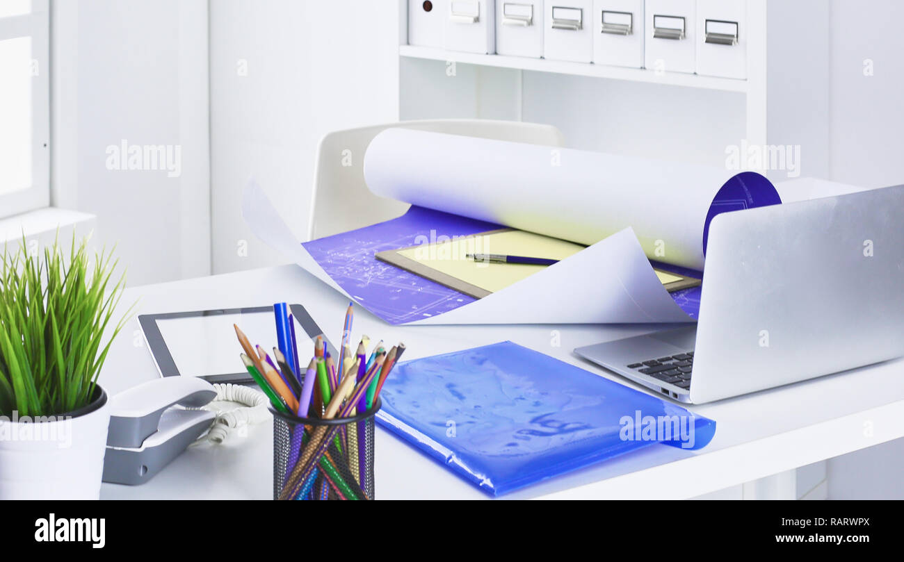 Workspace presentation mockup, Desktop computer and office supplies on ...