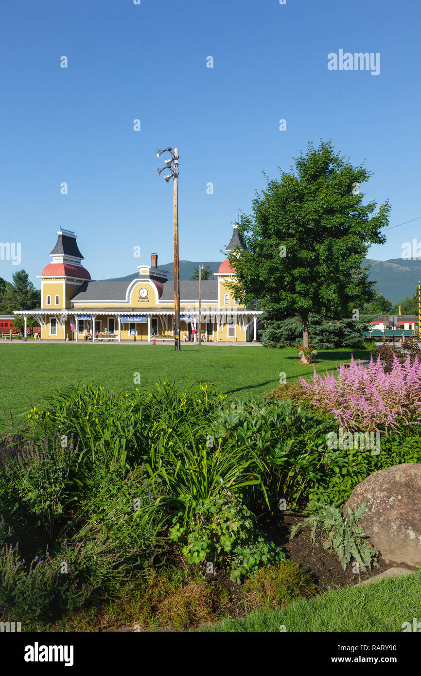 Train depot at Conway Scenic Railroad in North Conway, New Hampshire USA. The Conway Scenic ...