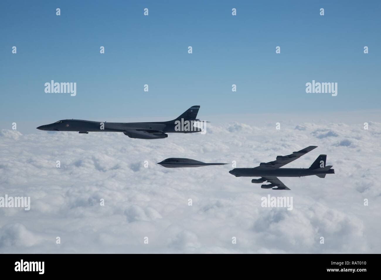 A three-ship bomber formation composed of a B-1B Lancer, B-2 Spirit and ...
