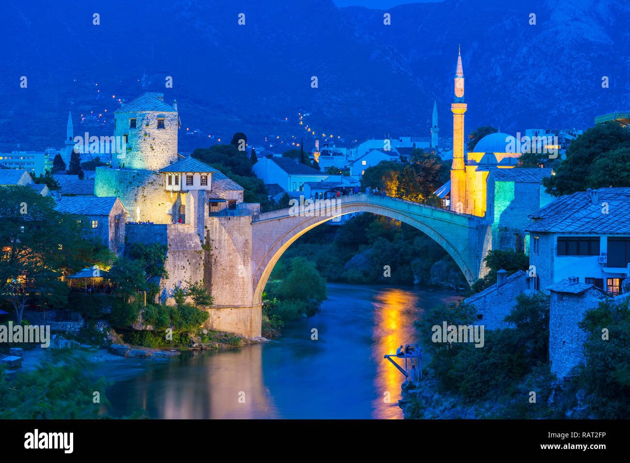 Mostar Bridge over Neretva river at sunset, Unesco World Heritage Site ...