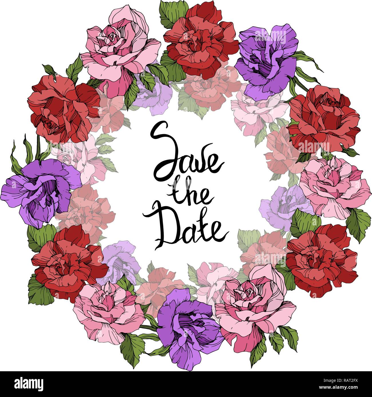 Vector Rose floral wreath. Floral botanical flower. Pink, red and ...