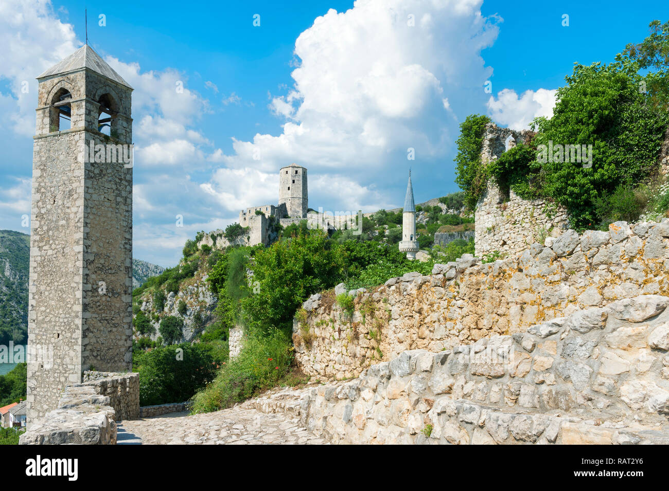 Medieval citadel, Sahat Kula clock tower and Hajji Alija Mosque minaret ...