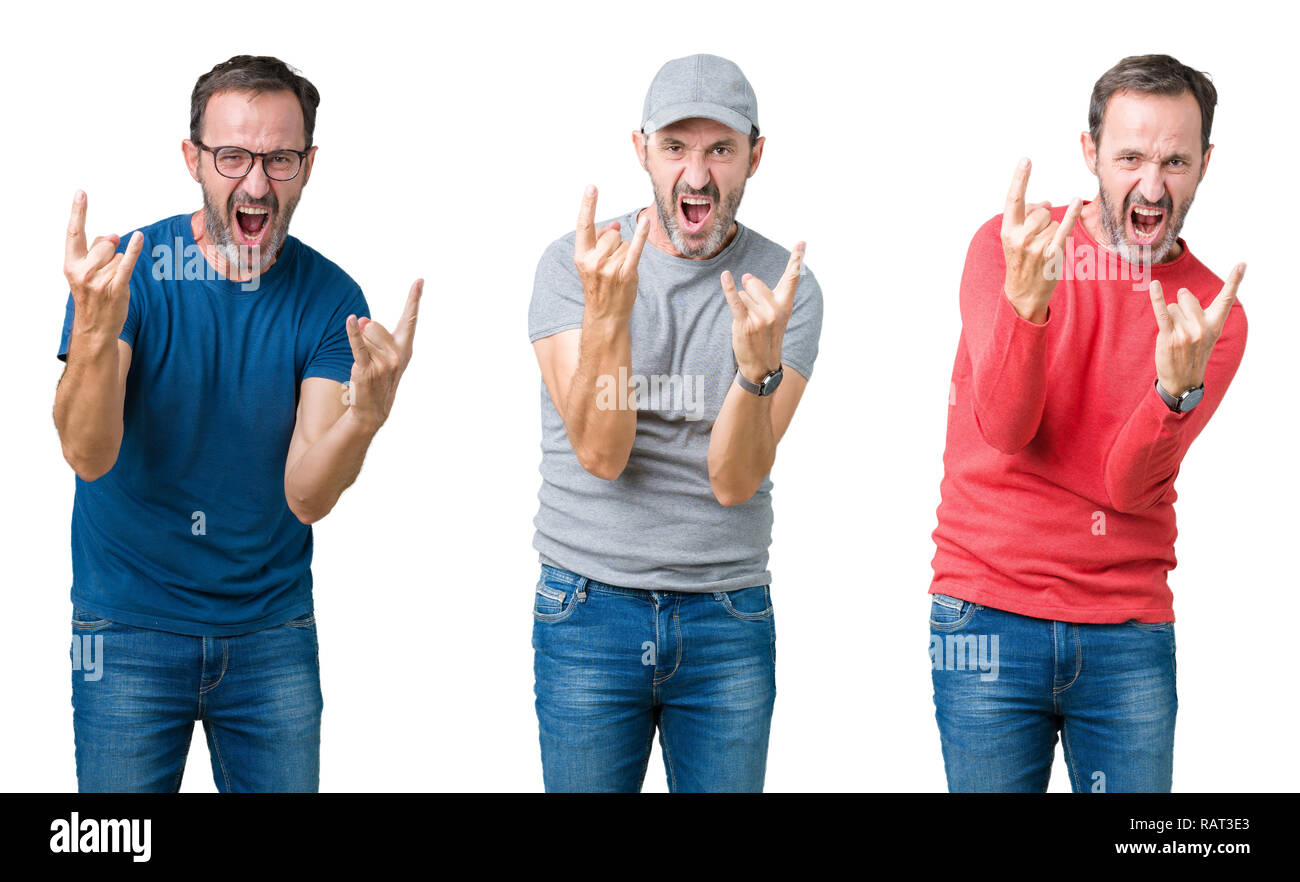 Collage of handsome senior man over white isolated background shouting ...