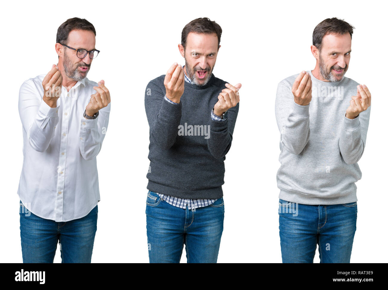 Collage of handsome senior man over white isolated background Doing ...