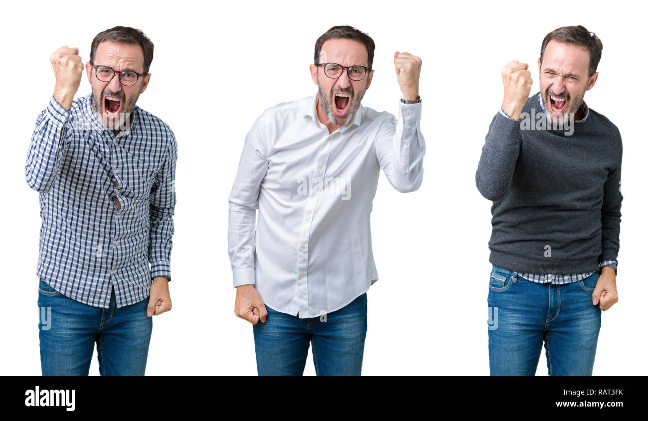Collage of handsome senior business man over white isolated background ...