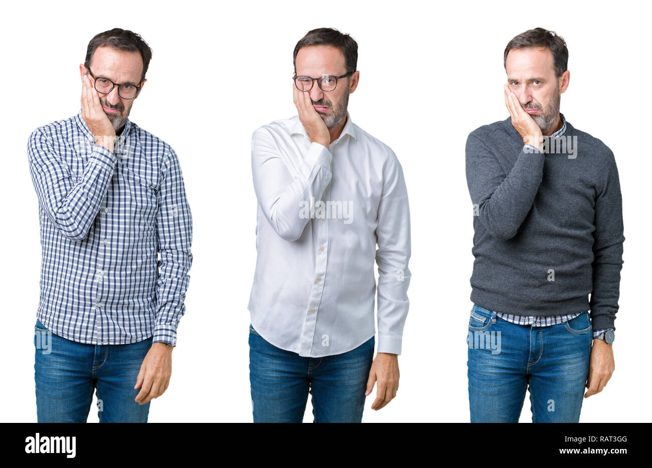 Collage of handsome senior business man over white isolated background ...