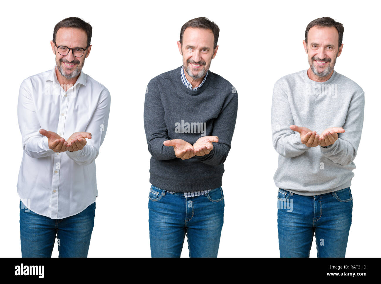Collage of handsome senior man over white isolated background Smiling ...