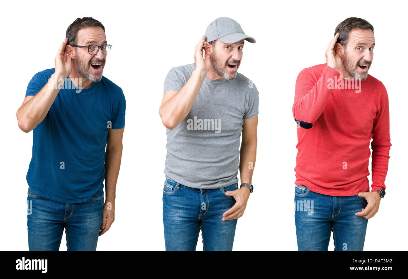 Collage of handsome senior man over white isolated background smiling ...