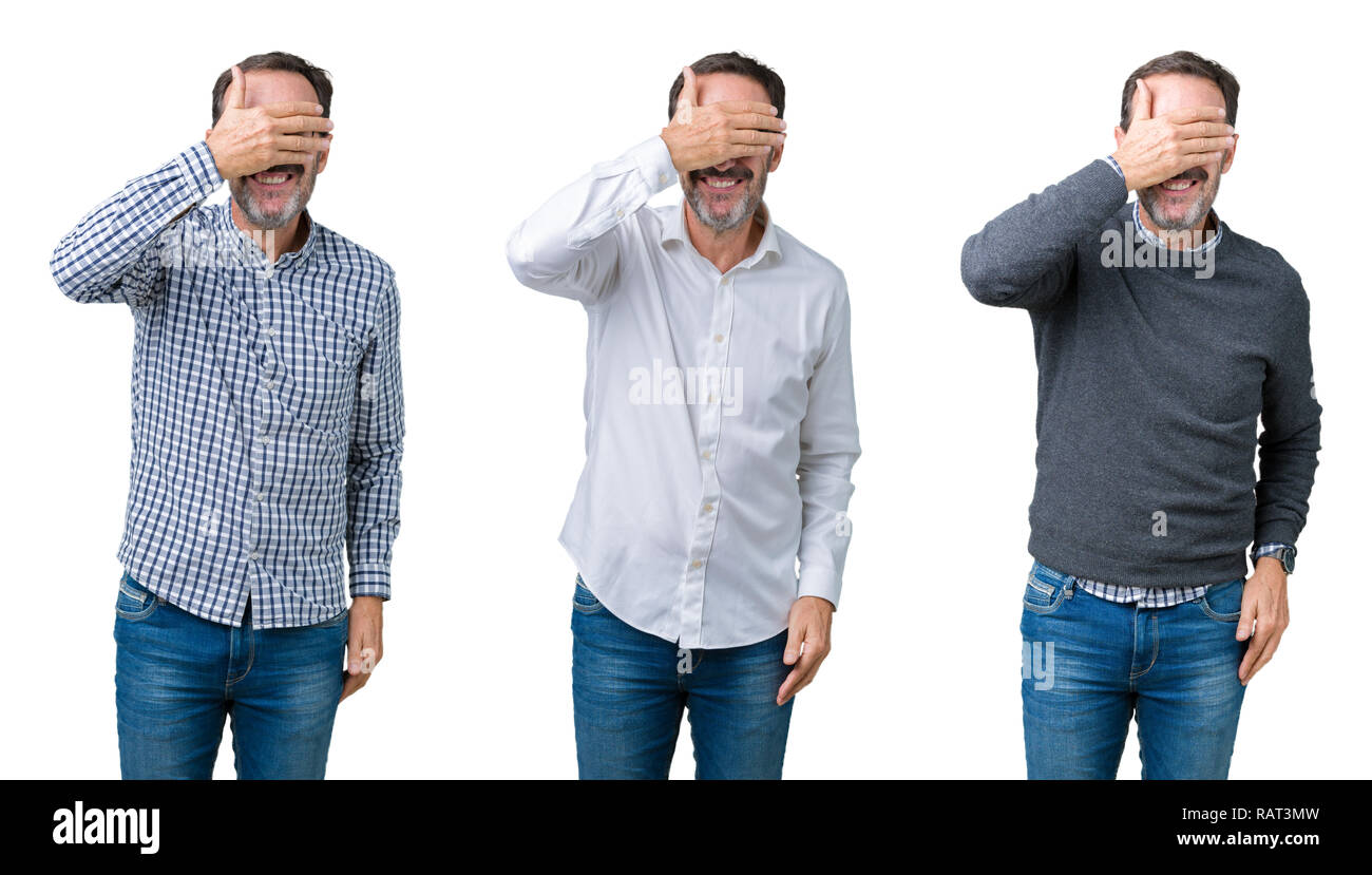 Collage of handsome senior business man over white isolated background ...