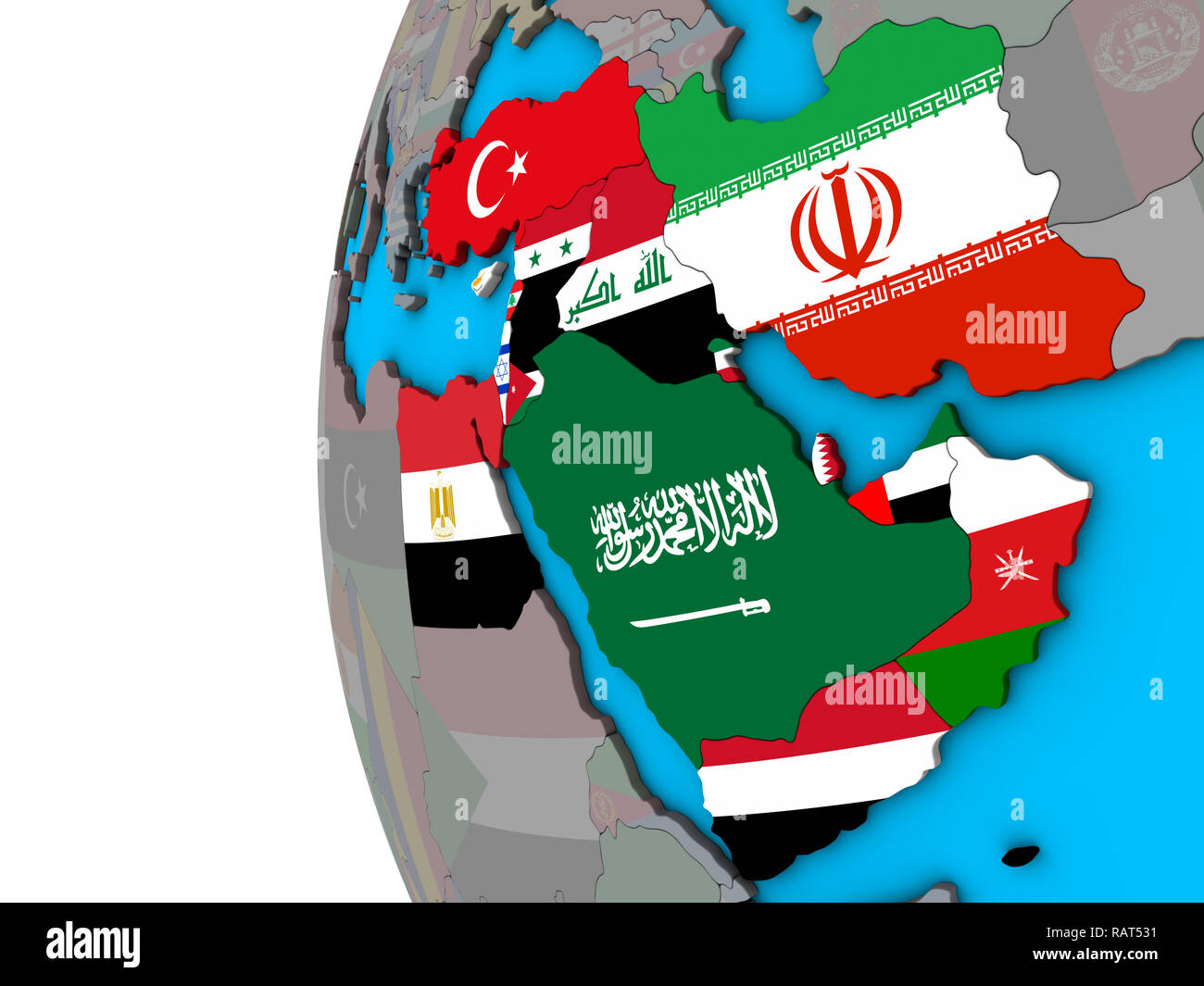 Middle East with national flags on blue political 3D globe. 3D ...