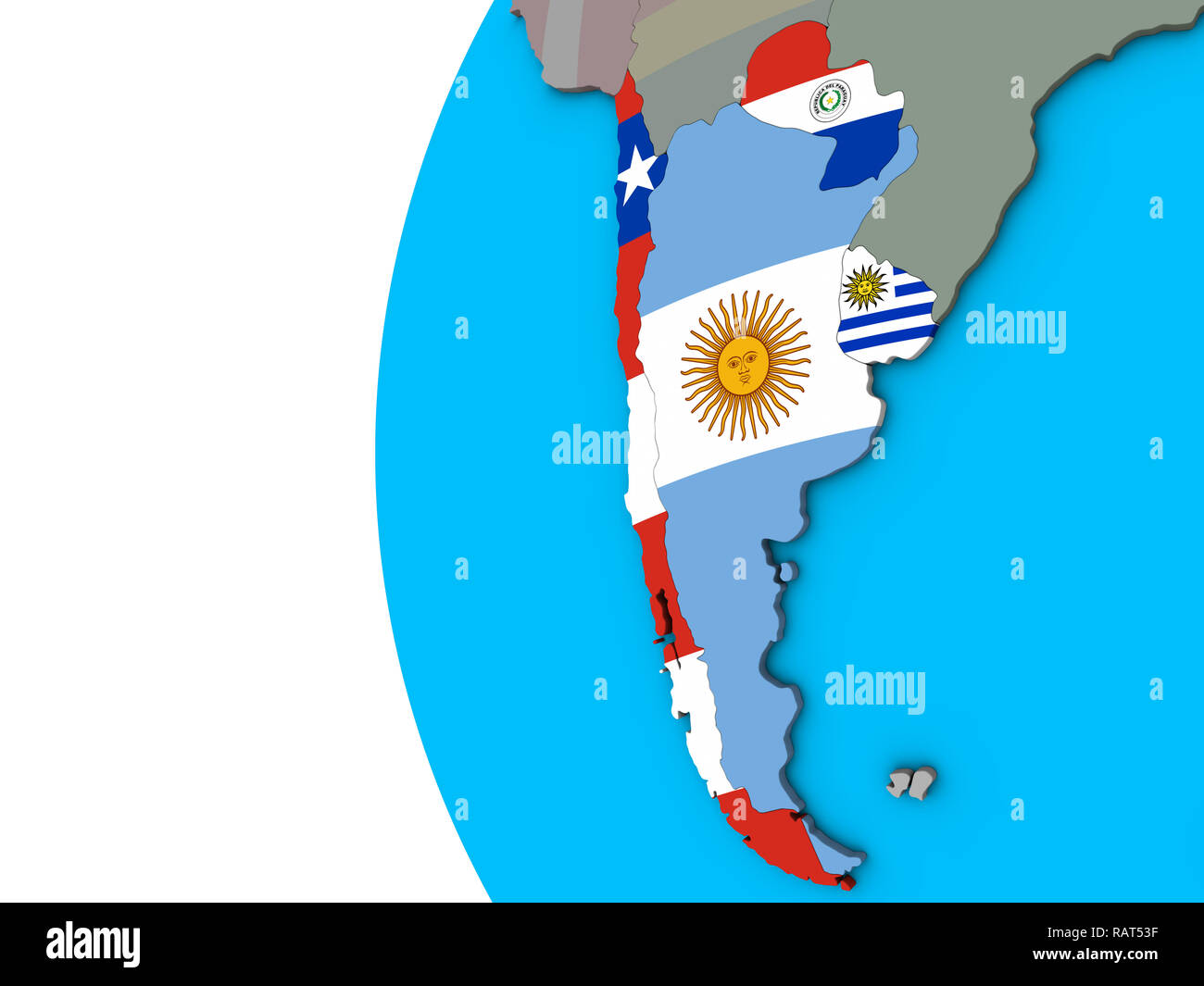 Southern Cone with national flags on blue political 3D globe. 3D ...