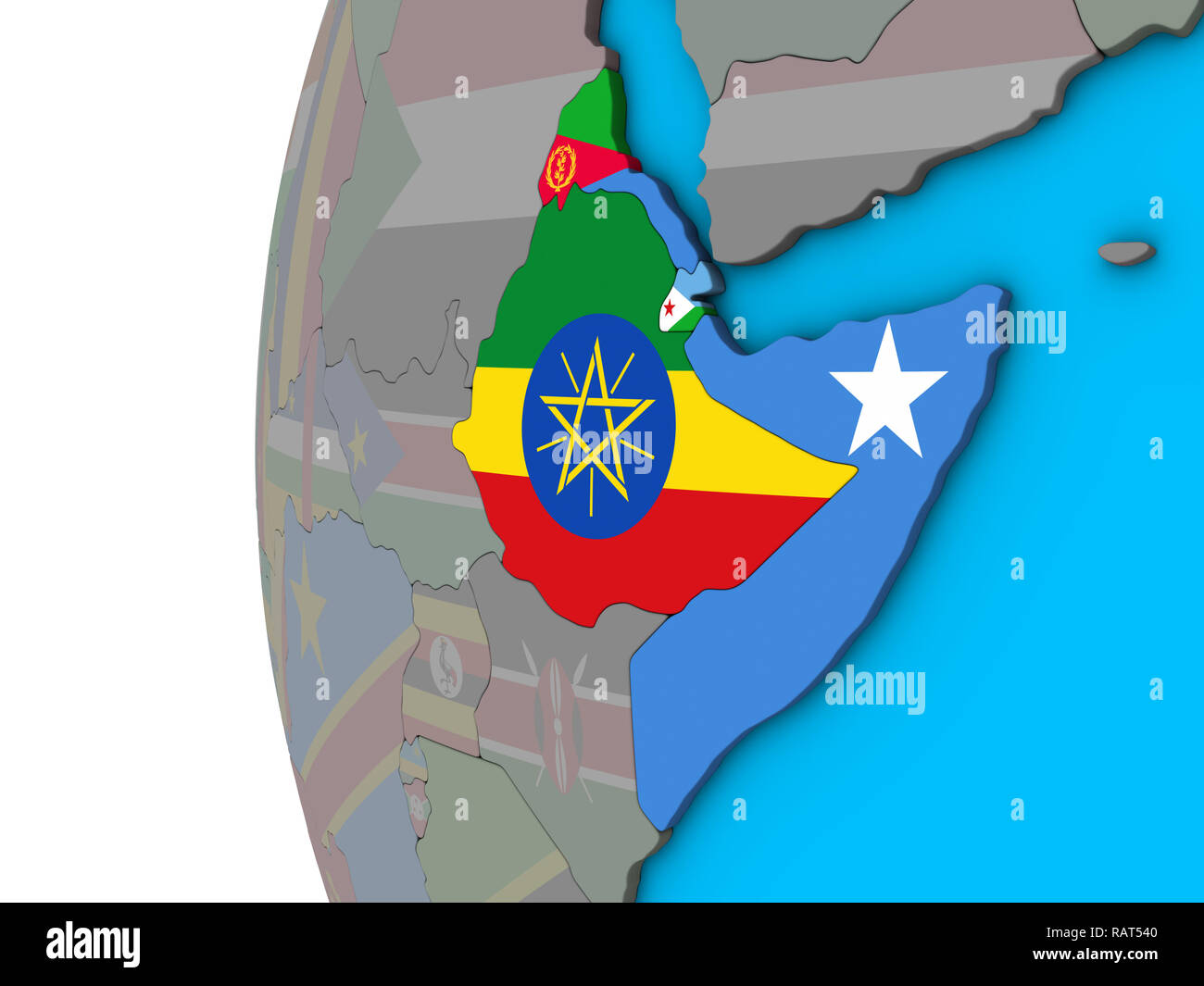Horn of Africa with national flags on blue political 3D globe. 3D ...