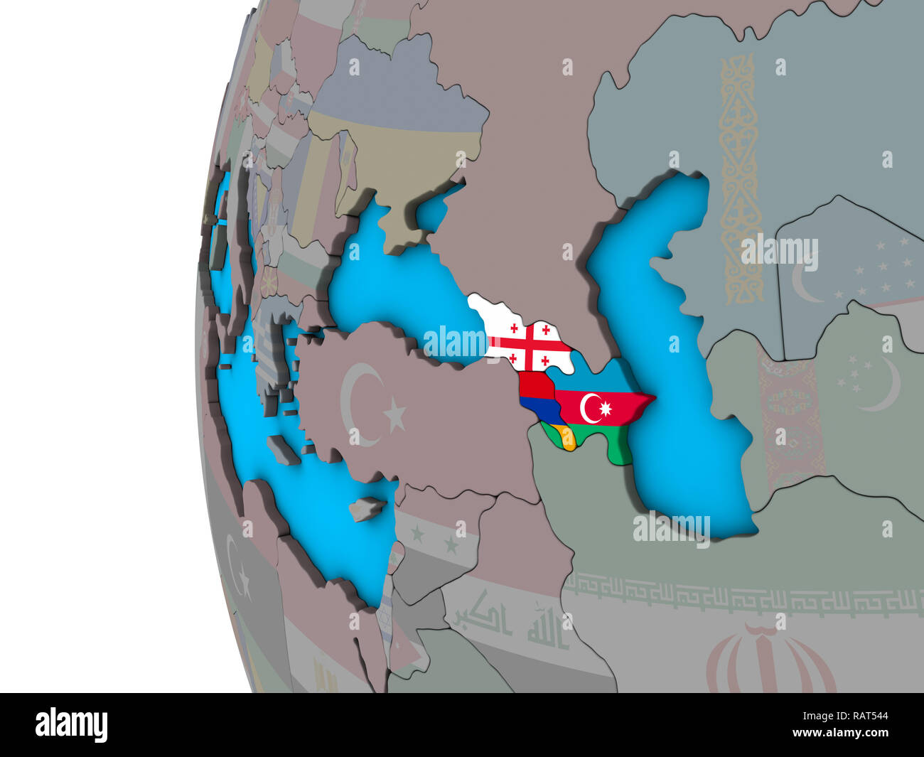 Caucasus region with national flags on blue political 3D globe. 3D ...
