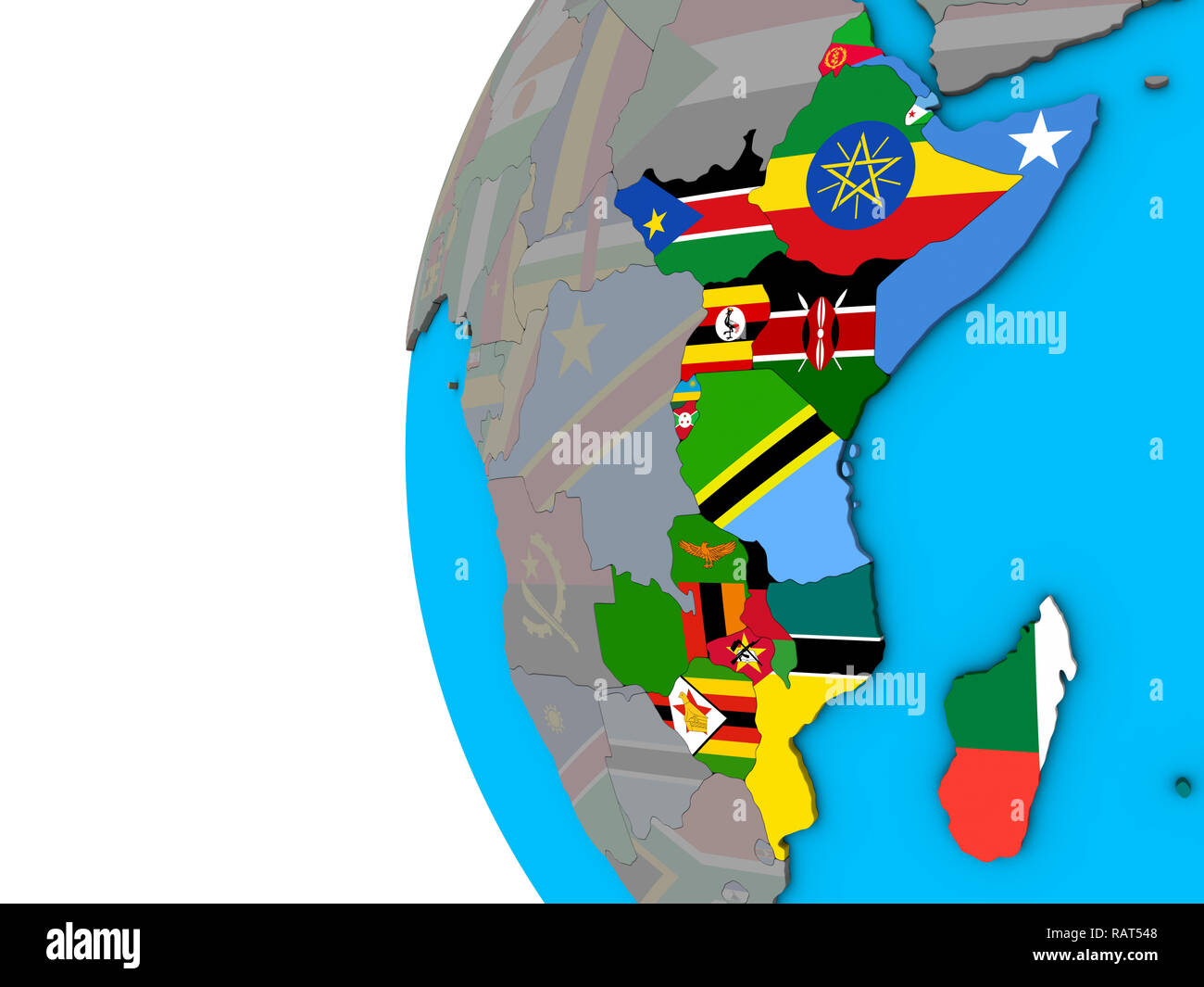 East Africa with national flags on blue political 3D globe. 3D ...