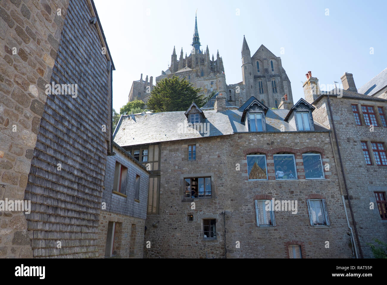 Abbey of Mont Saint Michel, low angle view. Normandy, France Stock ...