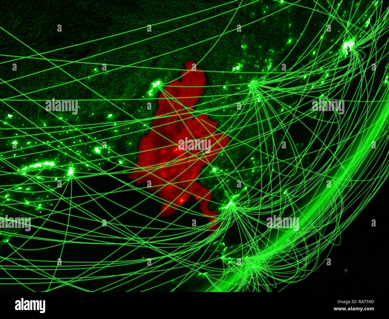 Myanmar On Green Model Of Planet Earth With Network At Night Concept Of Green Technology