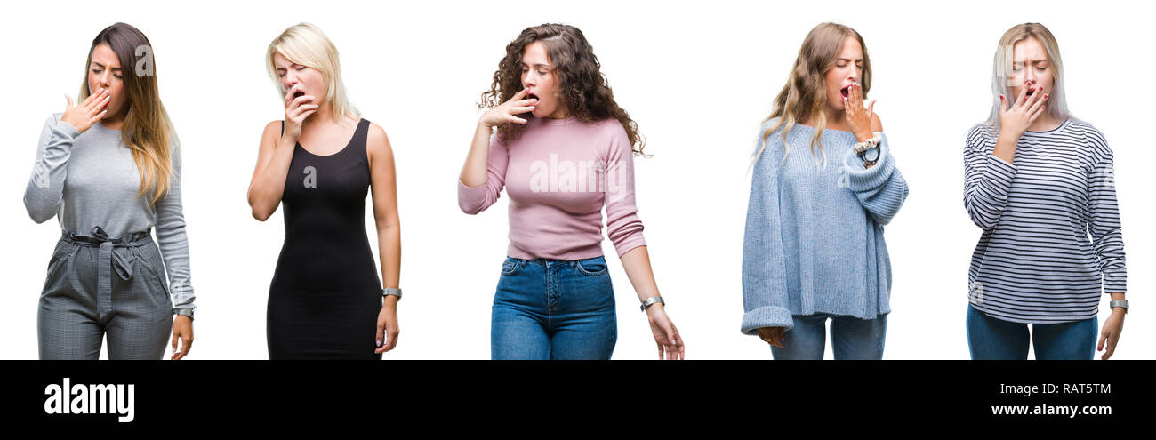 Collage of young beautiful women over isolated background bored yawning ...