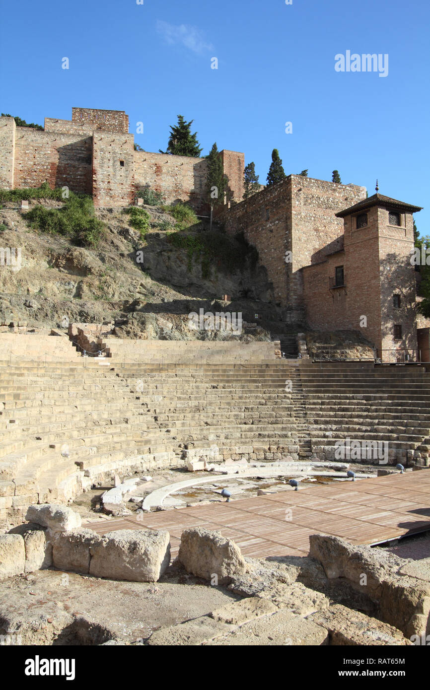 Malaga in Andalusia region of Spain. Famous ancient Roman amphitheatre ...