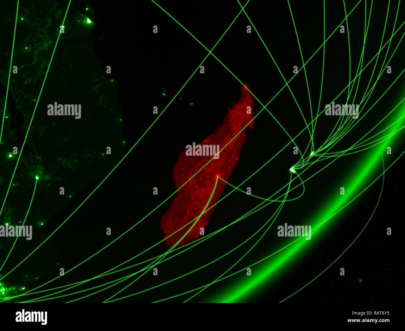 Madagascar on green model of planet Earth with network at night ...