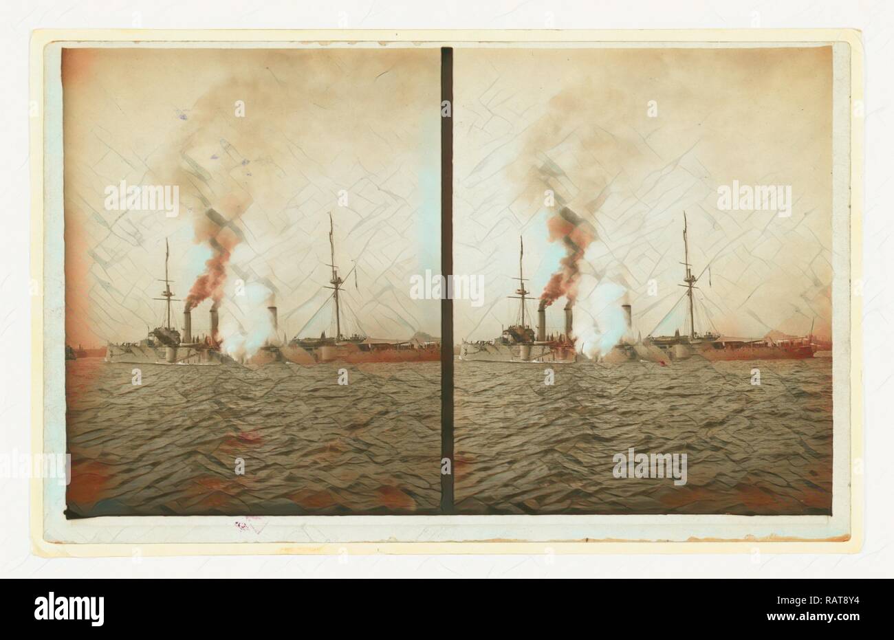 An American cruiser firing its guns in salute as it arrives in New York ...