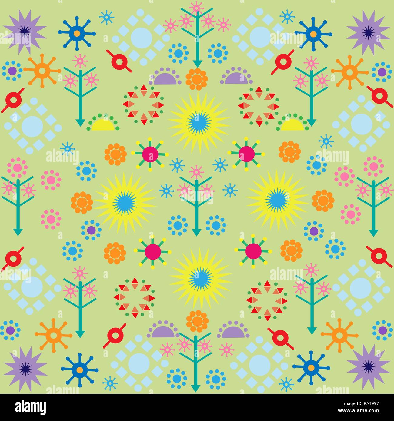 trees flowers patterns colored symbols ornament on green background ...