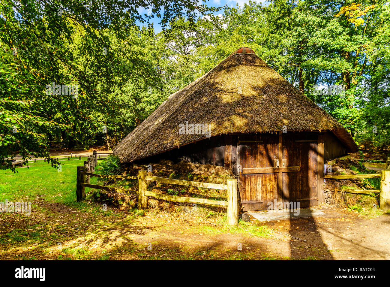 Historic Sheepfold with a thatched roof in the Veluwe Region in the ...