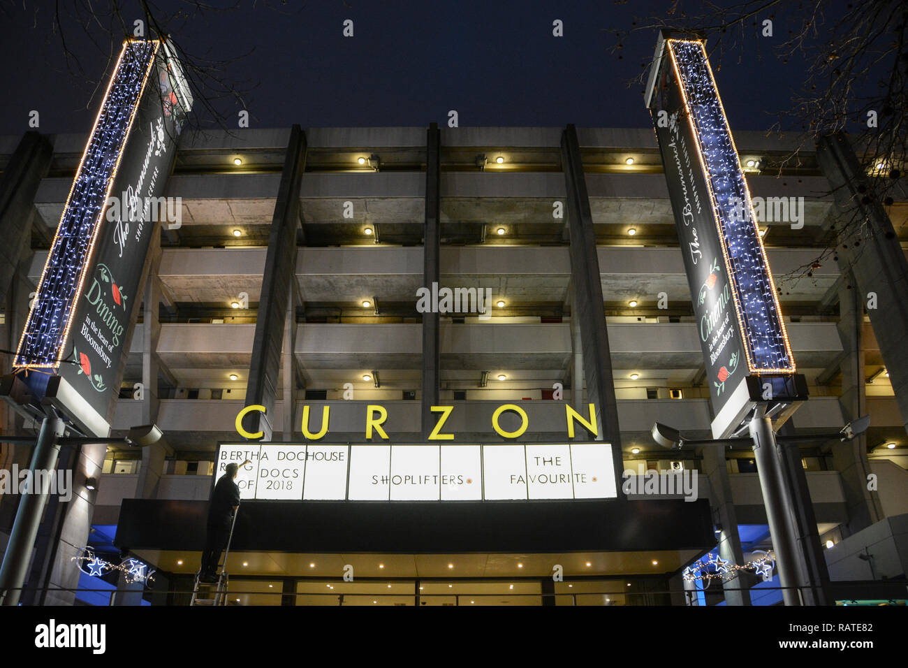 Nighttime view of the Curzon Cinema, Brunswick Square, Bloomsbury ...