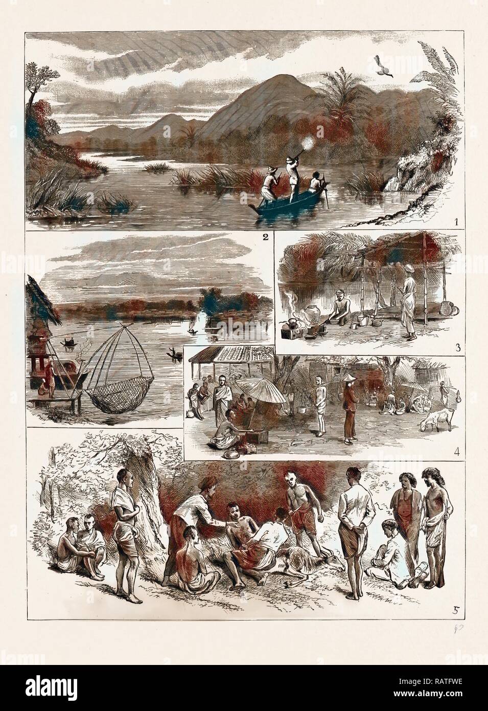 SPORT IN SIAM, 1886: 1. Peacock Shooting, Marklong River. 2. At ...