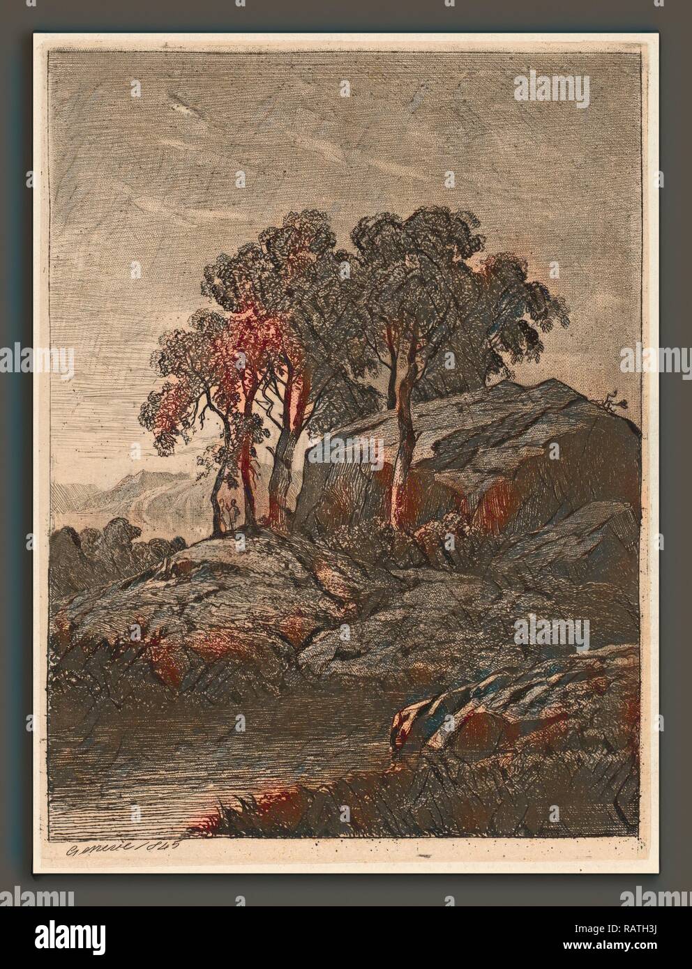 Alexandre Calame, Trees by a Rock, Swiss, 1810 - 1864, 1845, etching ...