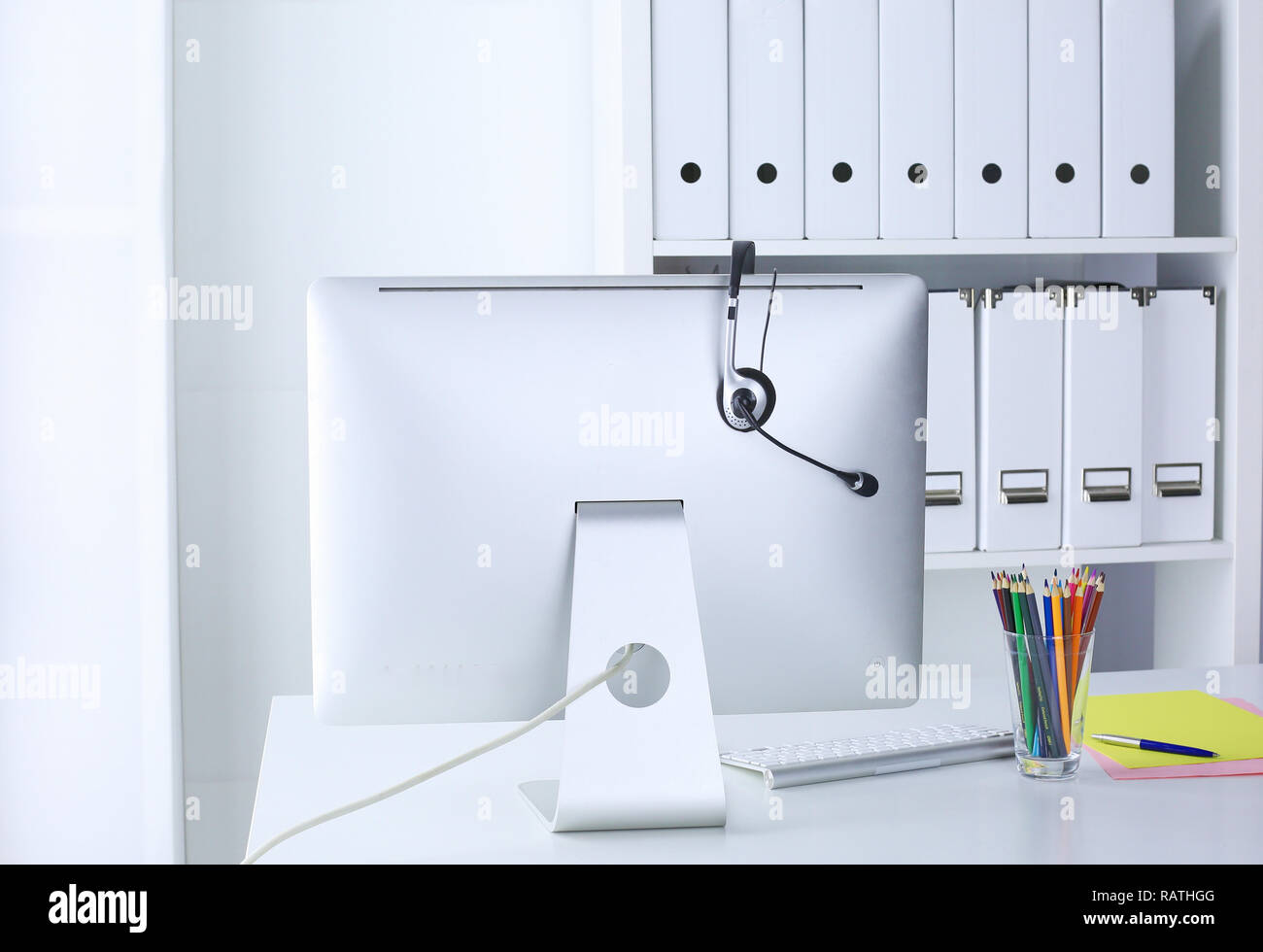 Call center and customer service help desk. VOIP headset on laptop ...