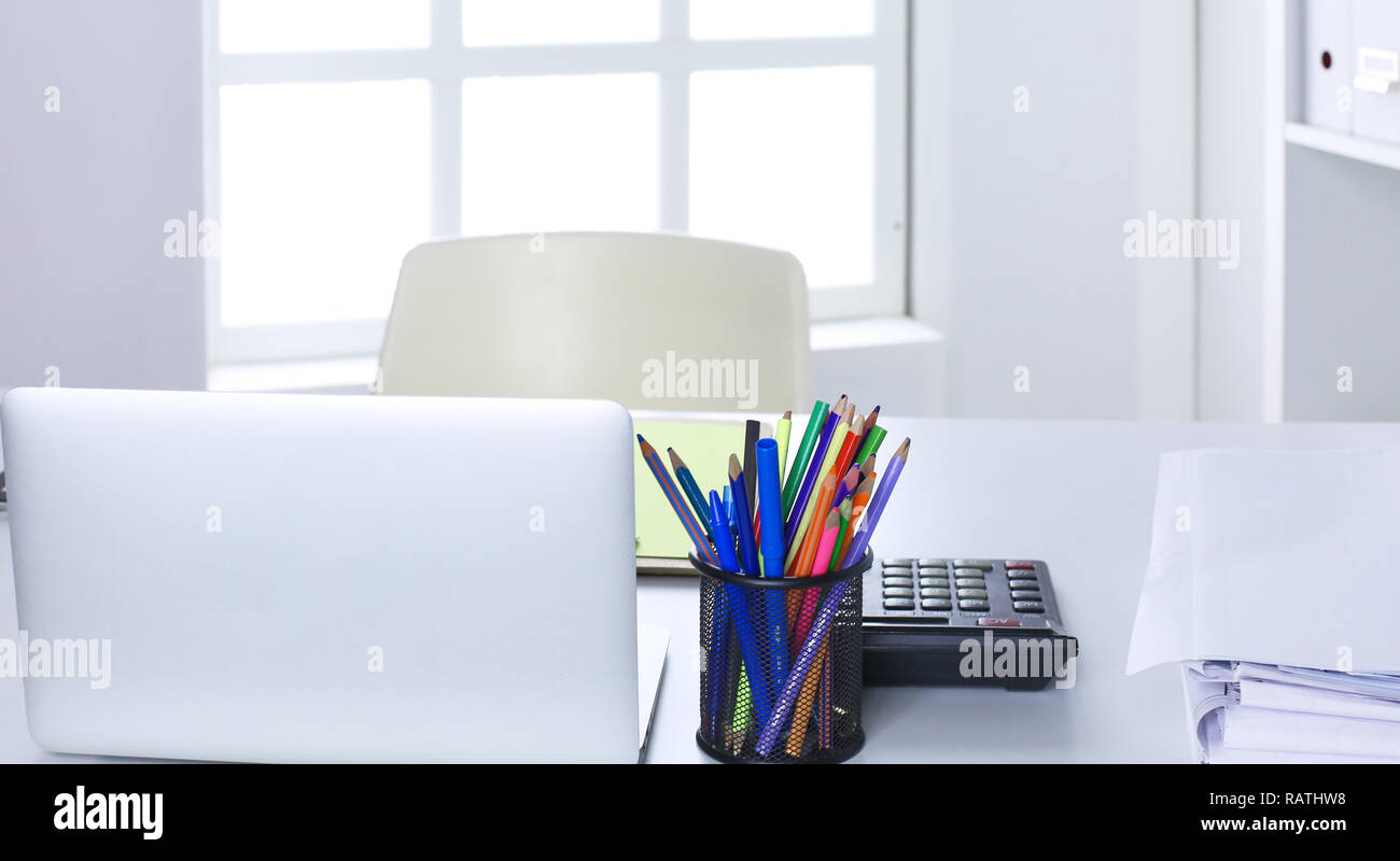 Workspace presentation mockup, Desktop computer and office supplies on ...